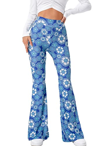 WDIRARA Women's Elastic High Waist Allover Print Floral Bell Bottom Flare Leg Long Pants Blue and White S