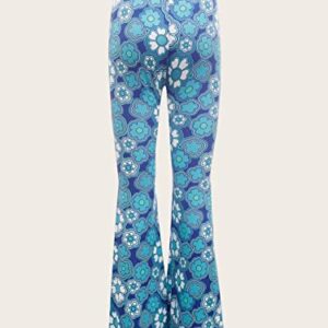 WDIRARA Women's Elastic High Waist Allover Print Floral Bell Bottom Flare Leg Long Pants Blue and White S