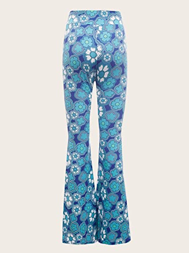 WDIRARA Women's Elastic High Waist Allover Print Floral Bell Bottom Flare Leg Long Pants Blue and White S