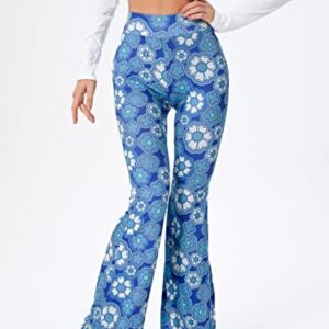 WDIRARA Women's Elastic High Waist Allover Print Floral Bell Bottom Flare Leg Long Pants Blue and White S