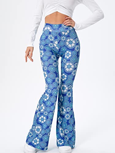 WDIRARA Women's Elastic High Waist Allover Print Floral Bell Bottom Flare Leg Long Pants Blue and White S