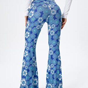 WDIRARA Women's Elastic High Waist Allover Print Floral Bell Bottom Flare Leg Long Pants Blue and White S