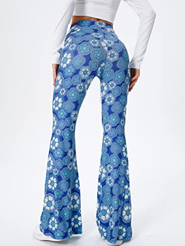 WDIRARA Women's Elastic High Waist Allover Print Floral Bell Bottom Flare Leg Long Pants Blue and White S