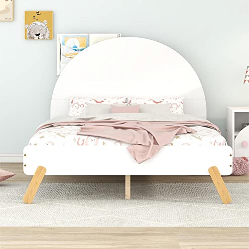 Kids Full Bed Frame with Curved Headboard, Children Full Platform Bed Frame with Shelf Behind Headboard, Cute Wooden Single Bed for Kids, Girls Boys, No Box Spring Needed (Full, White)