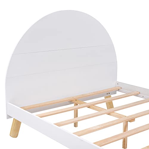 Kids Full Bed Frame with Curved Headboard, Children Full Platform Bed Frame with Shelf Behind Headboard, Cute Wooden Single Bed for Kids, Girls Boys, No Box Spring Needed (Full, White)