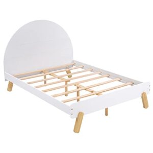 Kids Full Bed Frame with Curved Headboard, Children Full Platform Bed Frame with Shelf Behind Headboard, Cute Wooden Single Bed for Kids, Girls Boys, No Box Spring Needed (Full, White)