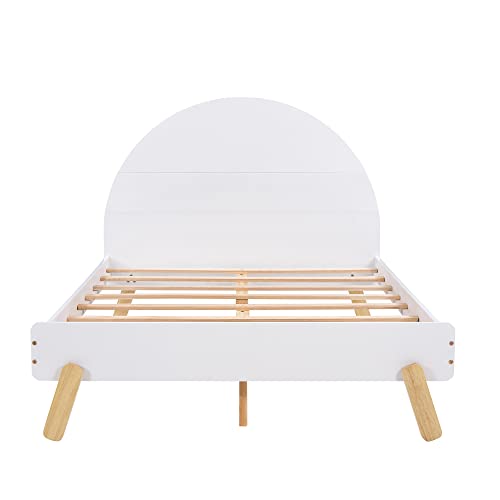 Kids Full Bed Frame with Curved Headboard, Children Full Platform Bed Frame with Shelf Behind Headboard, Cute Wooden Single Bed for Kids, Girls Boys, No Box Spring Needed (Full, White)