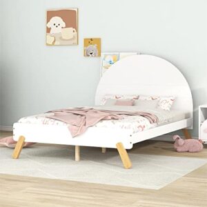 Kids Full Bed Frame with Curved Headboard, Children Full Platform Bed Frame with Shelf Behind Headboard, Cute Wooden Single Bed for Kids, Girls Boys, No Box Spring Needed (Full, White)