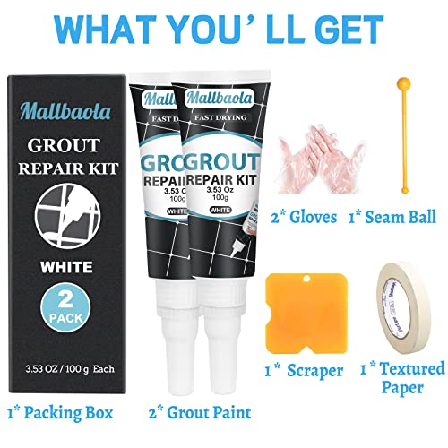 Tile Grout Paint, 2 Pack Grout Filler Tube, Grout Sealer for Bathroom, Shower, Kitchen, Floor Tile, Fast Drying Grout Repair Kit, Restore and Renew Tile Joints Line, Gaps, Replace Grout Pen(White)