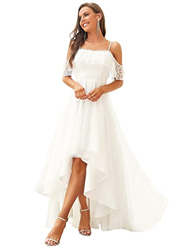 Ever-Pretty Womens Lace Spaghetti Straps Off Shoulder High Low Floor Length Wedding Dress for Bride White US12