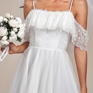 Ever-Pretty Womens Lace Spaghetti Straps Off Shoulder High Low Floor Length Wedding Dress for Bride White US12