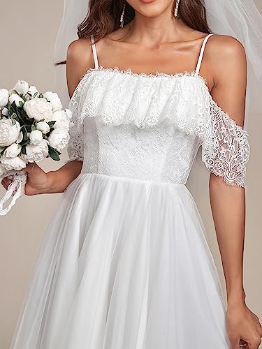 Ever-Pretty Womens Lace Spaghetti Straps Off Shoulder High Low Floor Length Wedding Dress for Bride White US12