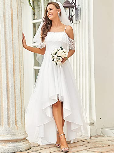 Ever-Pretty Womens Lace Spaghetti Straps Off Shoulder High Low Floor Length Wedding Dress for Bride White US12