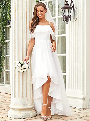 Ever-Pretty Womens Lace Spaghetti Straps Off Shoulder High Low Floor Length Wedding Dress for Bride White US12