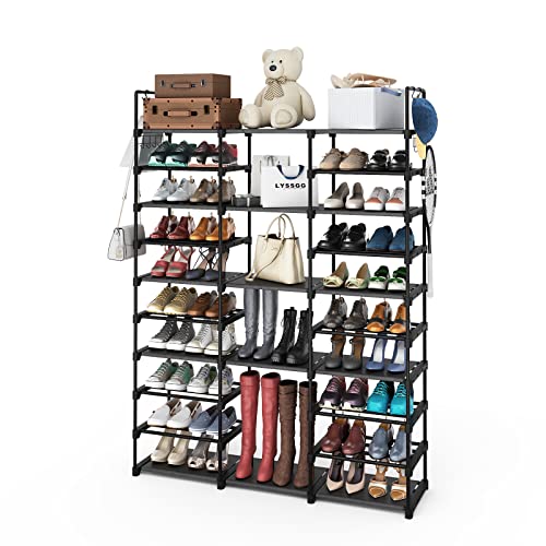 Plzlove 10 Tiers Shoe Rack Organizer for Closet & Entryway, Tall Metal Shoe Shelf Storage 54-62 Pairs, Extra Large Shoe Stand Black Stackable Boot Rack for Garage, Bedroom, Cloakroom with Hooks