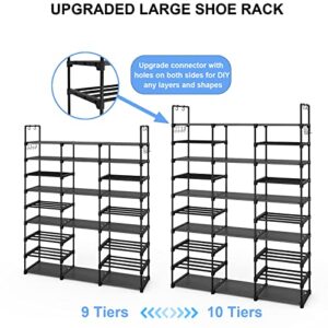 Plzlove 10 Tiers Shoe Rack Organizer for Closet & Entryway, Tall Metal Shoe Shelf Storage 54-62 Pairs, Extra Large Shoe Stand Black Stackable Boot Rack for Garage, Bedroom, Cloakroom with Hooks