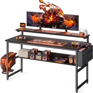 odk gaming desk with adjustable monitor stand (3.2", 4.3", 5.5"), 47 inch computer desk with storage bag, gamer desk with under-desk shelf, simple modern style laptop desk for small space,black