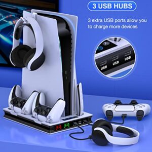 PS5 Stand with 3 Level Cooling Fan, Dual Fast PS5 Controller Charging Station Incl. 4 USB C Dongles, 3 USB Hubs, Headset Holder, Media Slot,PS5 Accessories PS5 Cooling Station for Sony P5 Digital/Disc