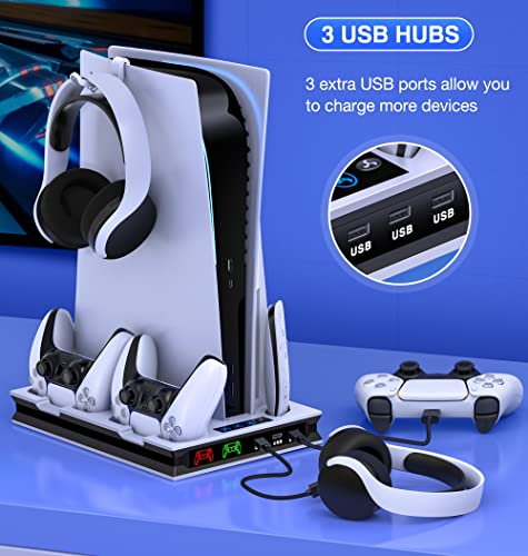 PS5 Stand with 3 Level Cooling Fan, Dual Fast PS5 Controller Charging Station Incl. 4 USB C Dongles, 3 USB Hubs, Headset Holder, Media Slot,PS5 Accessories PS5 Cooling Station for Sony P5 Digital/Disc