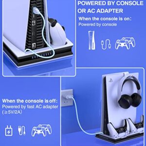 PS5 Stand with 3 Level Cooling Fan, Dual Fast PS5 Controller Charging Station Incl. 4 USB C Dongles, 3 USB Hubs, Headset Holder, Media Slot,PS5 Accessories PS5 Cooling Station for Sony P5 Digital/Disc