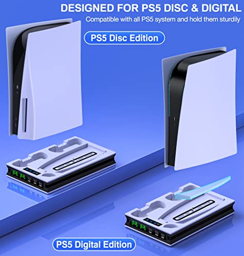 PS5 Stand with 3 Level Cooling Fan, Dual Fast PS5 Controller Charging Station Incl. 4 USB C Dongles, 3 USB Hubs, Headset Holder, Media Slot,PS5 Accessories PS5 Cooling Station for Sony P5 Digital/Disc