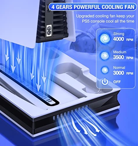 PS5 Stand with 3 Level Cooling Fan, Dual Fast PS5 Controller Charging Station Incl. 4 USB C Dongles, 3 USB Hubs, Headset Holder, Media Slot,PS5 Accessories PS5 Cooling Station for Sony P5 Digital/Disc