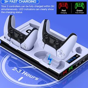 PS5 Stand with 3 Level Cooling Fan, Dual Fast PS5 Controller Charging Station Incl. 4 USB C Dongles, 3 USB Hubs, Headset Holder, Media Slot,PS5 Accessories PS5 Cooling Station for Sony P5 Digital/Disc