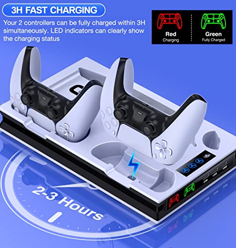 PS5 Stand with 3 Level Cooling Fan, Dual Fast PS5 Controller Charging Station Incl. 4 USB C Dongles, 3 USB Hubs, Headset Holder, Media Slot,PS5 Accessories PS5 Cooling Station for Sony P5 Digital/Disc