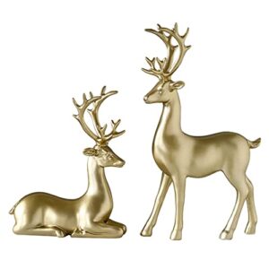 bulingna 2pcs christmas reindeer figurines, resin elk sculpture miniature figurine xmas deer statue artificial animal crafts home decoration ornament (solid gold)