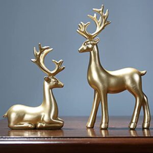 BULINGNA 2Pcs Christmas Reindeer Figurines, Resin Elk Sculpture Miniature Figurine Xmas Deer Statue Artificial Animal Crafts Home Decoration Ornament (Solid Gold)