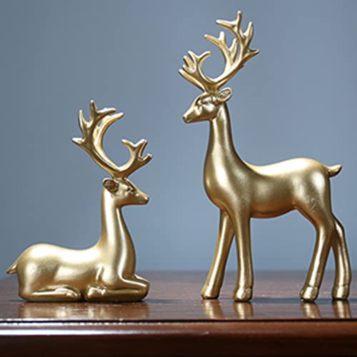 BULINGNA 2Pcs Christmas Reindeer Figurines, Resin Elk Sculpture Miniature Figurine Xmas Deer Statue Artificial Animal Crafts Home Decoration Ornament (Solid Gold)