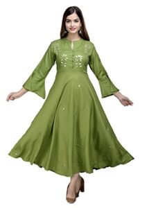 fidoza women's rayon printed anarkali embroidery kurti dress | pakistani style rayon embroidery kurti for women | ready to wear (olive green, m)