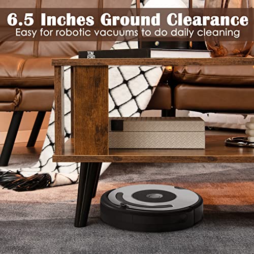 Tangkula Small Coffee Table for Small Space, 2-Tier Wooden Center Table with Open Storage Shelf, Side Baffle, Easy Assembly, Industrial Side Table for Living Room Bedroom (Rustic Brown)