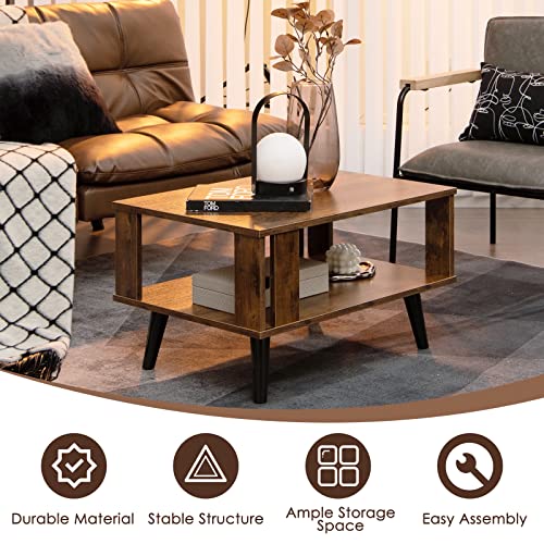 Tangkula Small Coffee Table for Small Space, 2-Tier Wooden Center Table with Open Storage Shelf, Side Baffle, Easy Assembly, Industrial Side Table for Living Room Bedroom (Rustic Brown)