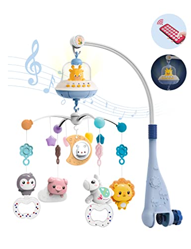 BSROLUNA Baby Crib Mobile with Music and Lights, Baby Mobile for Crib with Remote Control, Hanging Rotating Animals Rattles, 16 Songs and Timing Function, Cartoon Baby Crib Toys for Boys (Baby Blue)