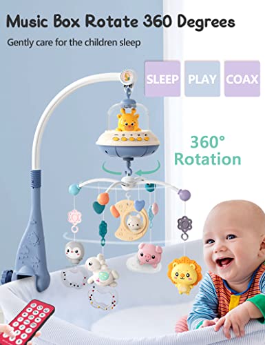 BSROLUNA Baby Crib Mobile with Music and Lights, Baby Mobile for Crib with Remote Control, Hanging Rotating Animals Rattles, 16 Songs and Timing Function, Cartoon Baby Crib Toys for Boys (Baby Blue)