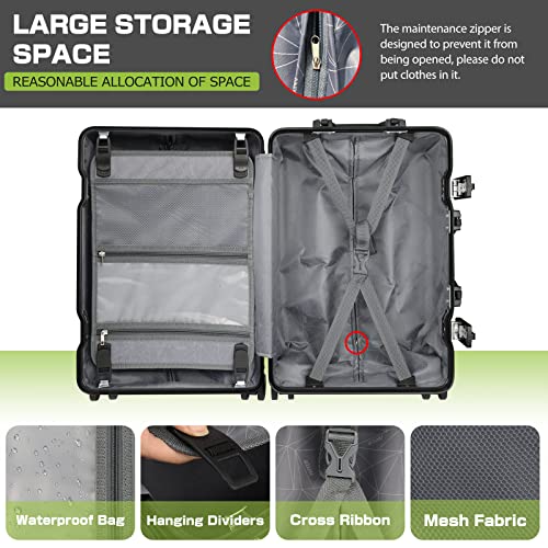 AnyZip Luggage Aluminium Frame Suitcase PC ABS Hard Shell TSA Lock No Zipper 24In Black