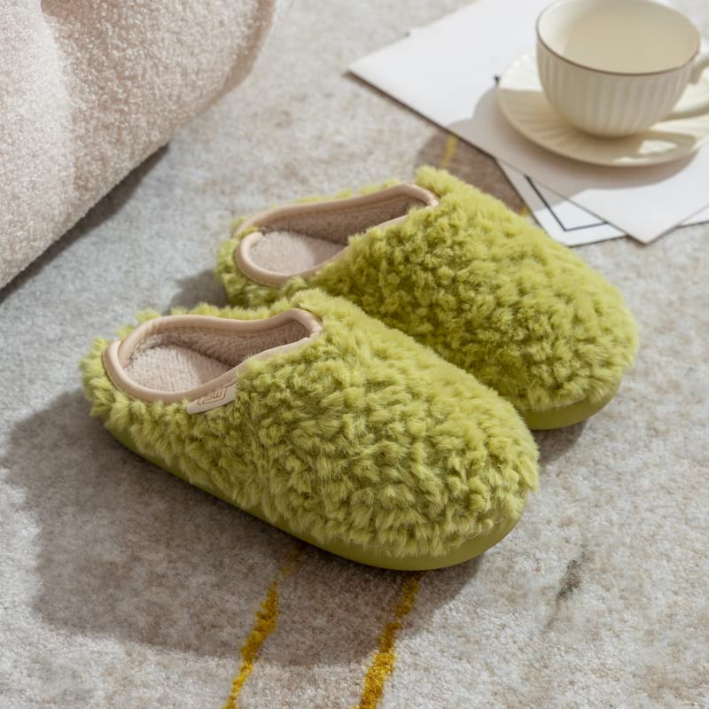 Maco Johnston Women's Sheepskin House Slippers, Fuzzy Soft House Slippers, Plush Furry Warm Cozy Fluffy Home Shoes Comfy Winter Indoor Outdoor Slip On(Green-5.5-6.5)