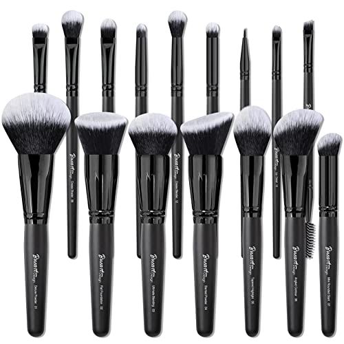 Bueart Design 16Pcs ULTRA SOFT Black labeled DENSE HAIR Makeup Brushes set Contains large powder Flat Foundation Ultimate Blending Make up Brush set Blush Face Brush Concealers contour Eyeshadow