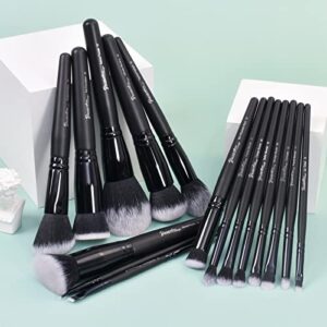 Bueart Design 16Pcs ULTRA SOFT Black labeled DENSE HAIR Makeup Brushes set Contains large powder Flat Foundation Ultimate Blending Make up Brush set Blush Face Brush Concealers contour Eyeshadow