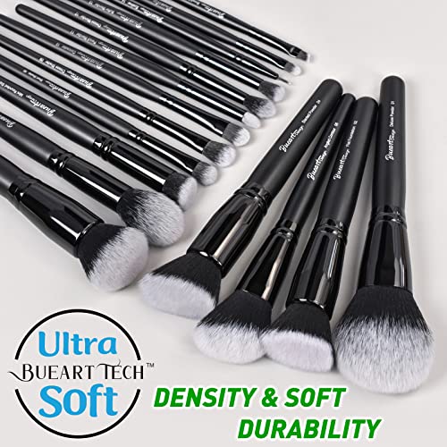 Bueart Design 16Pcs ULTRA SOFT Black labeled DENSE HAIR Makeup Brushes set Contains large powder Flat Foundation Ultimate Blending Make up Brush set Blush Face Brush Concealers contour Eyeshadow