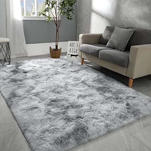 Hutha 4x6 Large Area Rugs for Living Room, Super Soft Fluffy Modern Bedroom Rug, Tie-Dyed Light Grey Indoor Shag Fuzzy Carpets for Girls Kids Nursery Room Home Decor