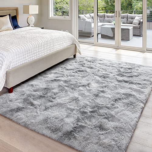 Hutha 4x6 Large Area Rugs for Living Room, Super Soft Fluffy Modern Bedroom Rug, Tie-Dyed Light Grey Indoor Shag Fuzzy Carpets for Girls Kids Nursery Room Home Decor