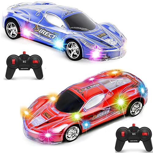 Haktoys Remote Control Light Up Cars 2-Pack Upgraded 2.4GHz RC Racing Sports Cars 1:24 Scale Radio Controlled Toy Vehicles with Bright and Colorful Flashing Lights - Two Players Can Play Together