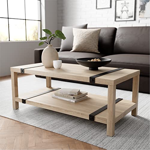 Stead Industrial Rectangular Wood Coffee Table 2023 Collection - Living Room Furniture- Modern Home Decor - Powder-Coated Metal Details (White Washed Oak)