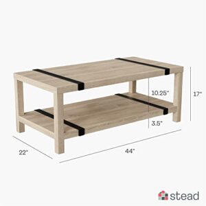 Stead Industrial Rectangular Wood Coffee Table 2023 Collection - Living Room Furniture- Modern Home Decor - Powder-Coated Metal Details (White Washed Oak)