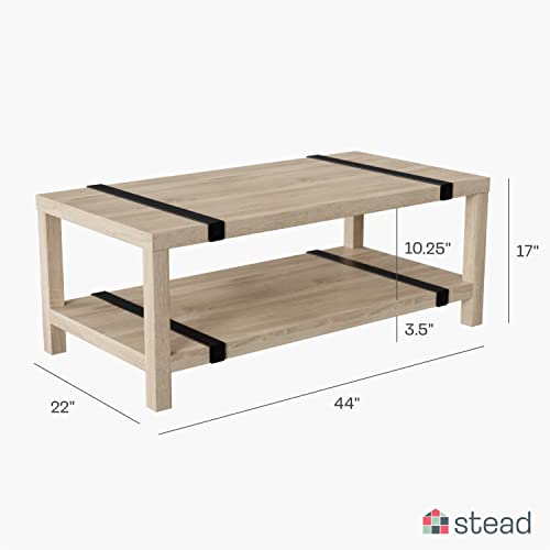 Stead Industrial Rectangular Wood Coffee Table 2023 Collection - Living Room Furniture- Modern Home Decor - Powder-Coated Metal Details (White Washed Oak)