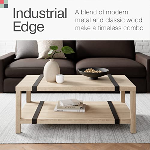 Stead Industrial Rectangular Wood Coffee Table 2023 Collection - Living Room Furniture- Modern Home Decor - Powder-Coated Metal Details (White Washed Oak)