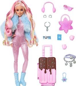 barbie extra fly doll with snow-themed travel clothes & accessories, sparkly pink jumpsuit & faux fur coat