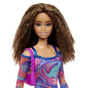 Barbie Fashionistas Doll #206 with Crimped Hair & Freckles, Rainbow Marble-Print Dress, Green Mules & Purse